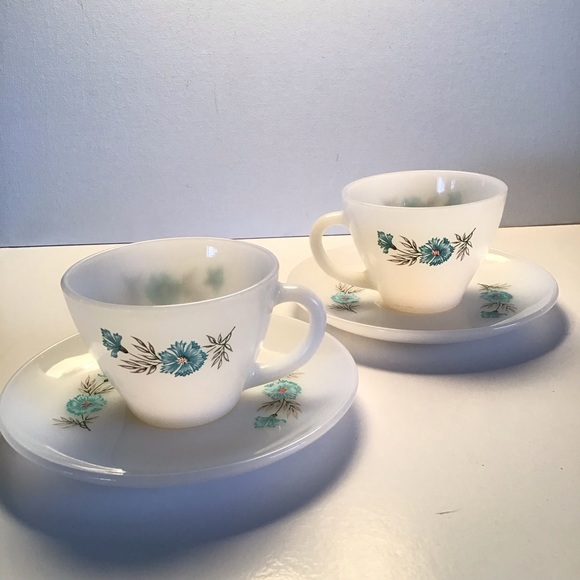 Fire King | Dining | Vintage Fireking Blue Floral Milk Glass Cup Saucer ...
